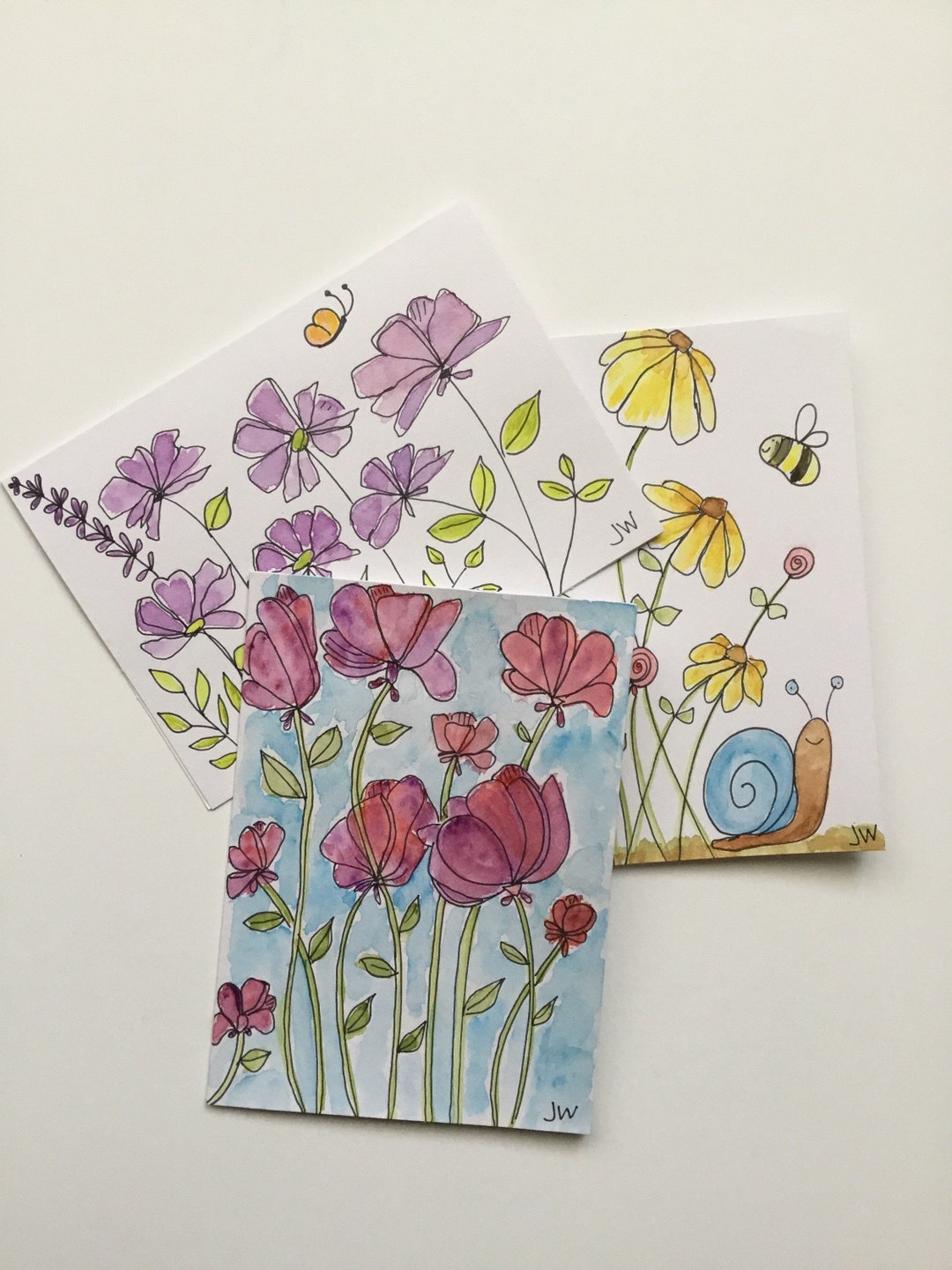 Whimsical Flower Note Card, Set of 3. Watercolor and Ink. - Etsy