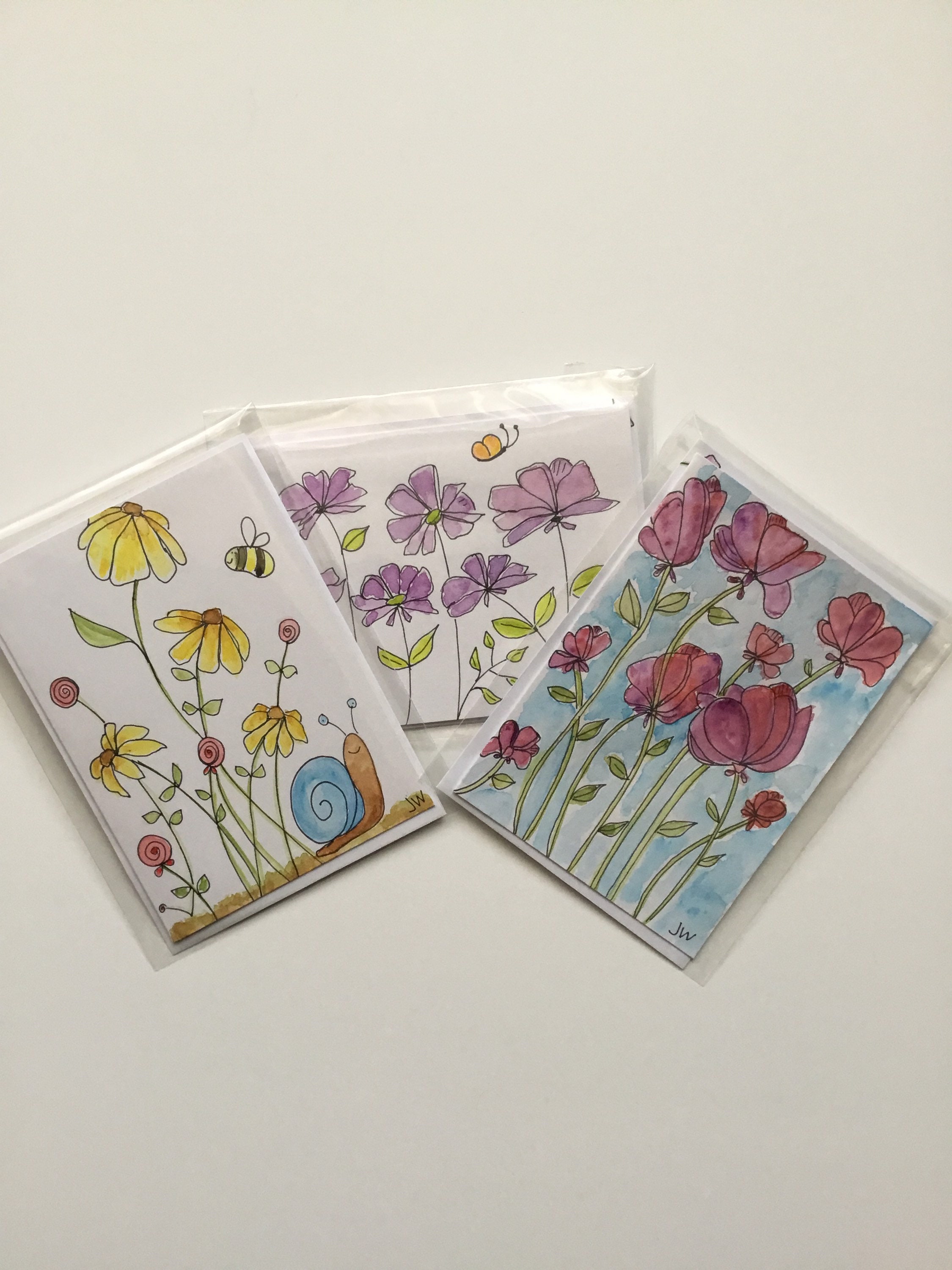 Whimsical Flower Note Card, Set of 3. Watercolor and Ink. - Etsy