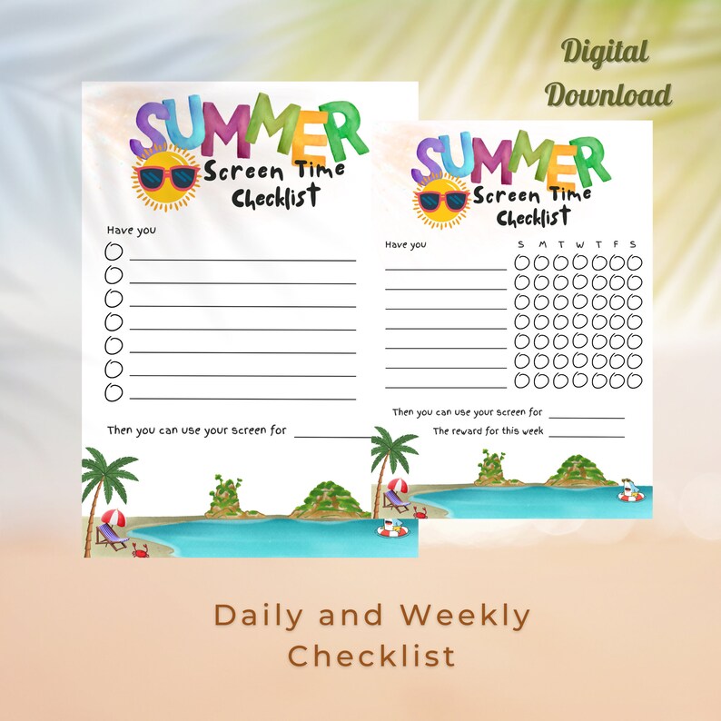 Summer Screen Time Checklist Printable PDF, JPEG Printable Files Summer ...