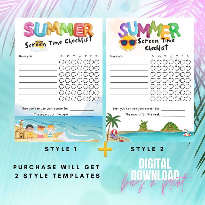 Summer Screen Time Checklist Printable PDF, JPEG Printable Files Summer ...