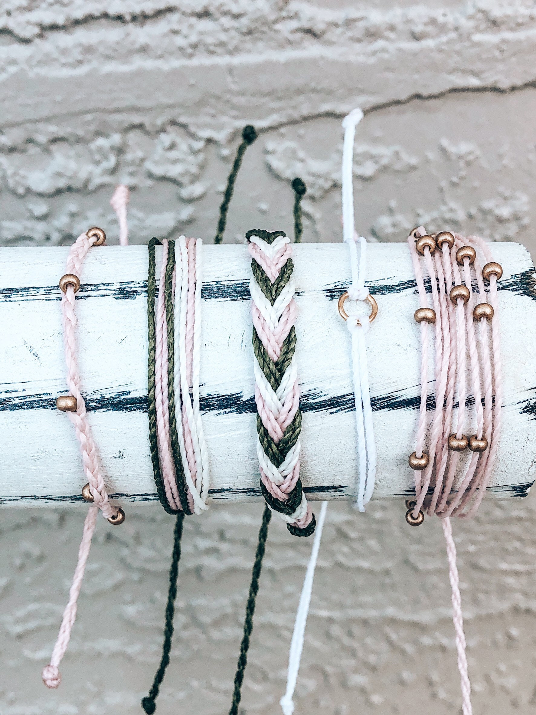 Gold Light Pink & Olive Green Waterproof String Bracelet Set | Etsy