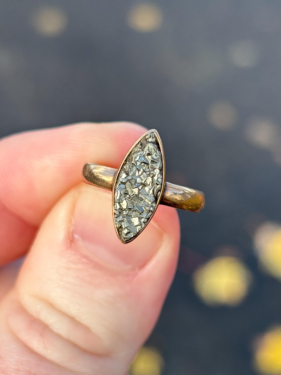 Antique C.1900 Solid 10k Yellow Gold and Pyrite Navette Statement Ring ...