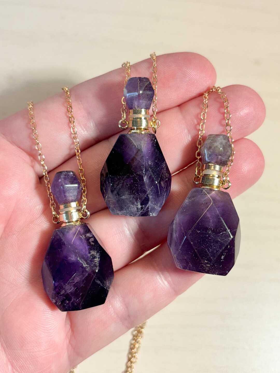 Carved Amethyst Crystal Perfume Bottle Pendant - Adjustable 18” - 20 ...