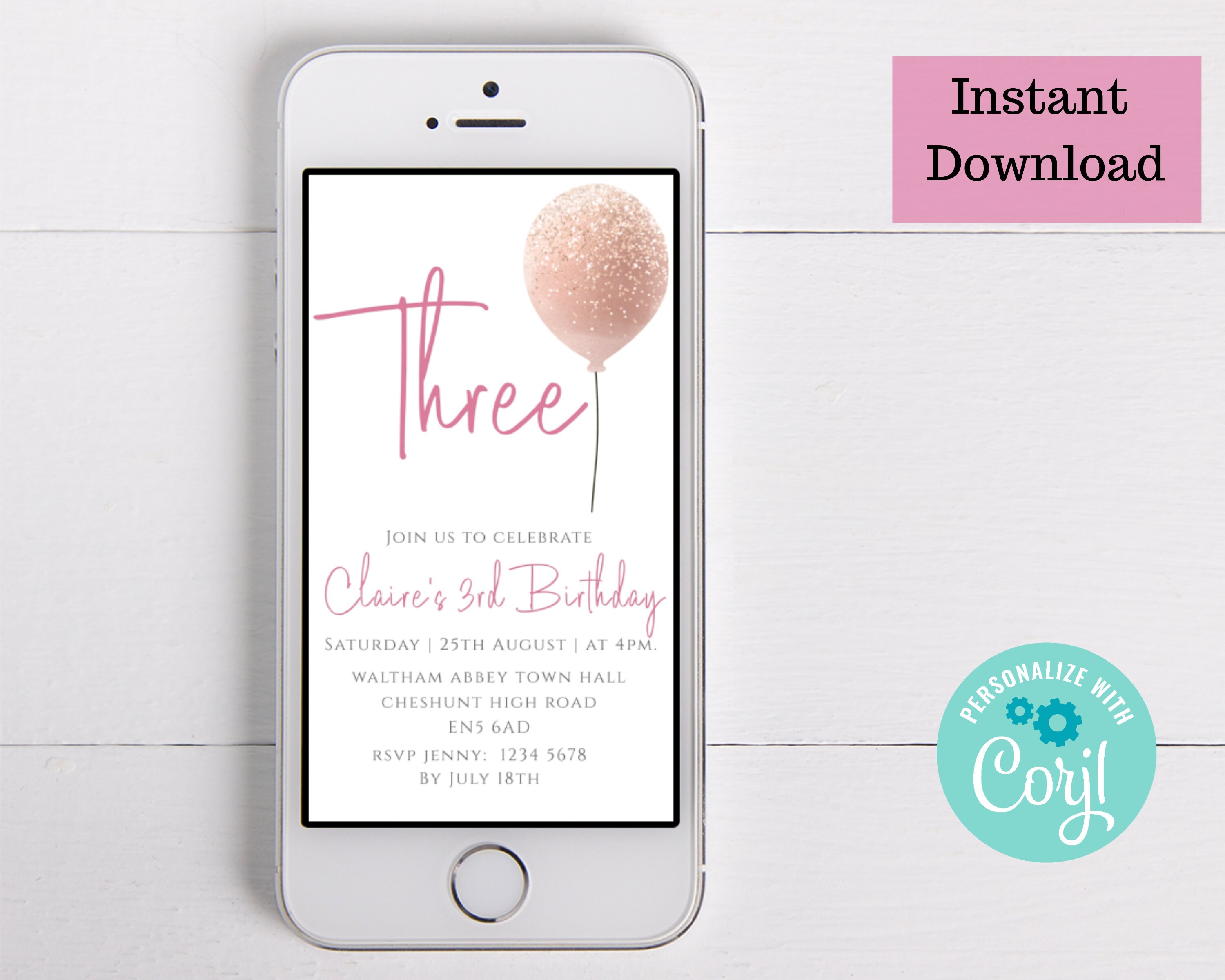 Editable Any Age Custom Birthday Mobile Invite Pink INSTANT DOWNLOAD ...