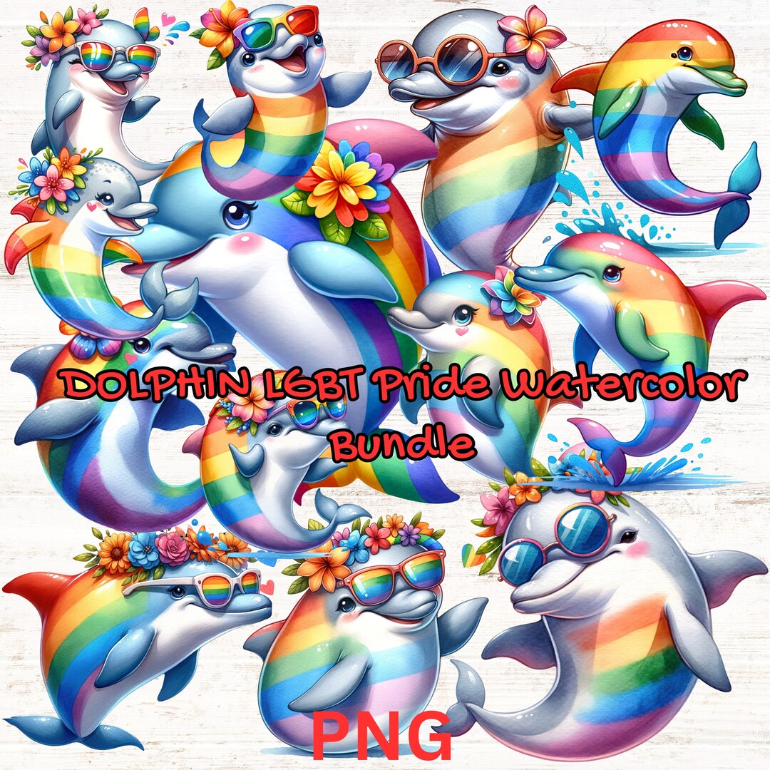 Rainbow Dolphin Bundle Clip Art Png File, Dolphin With Flower ...