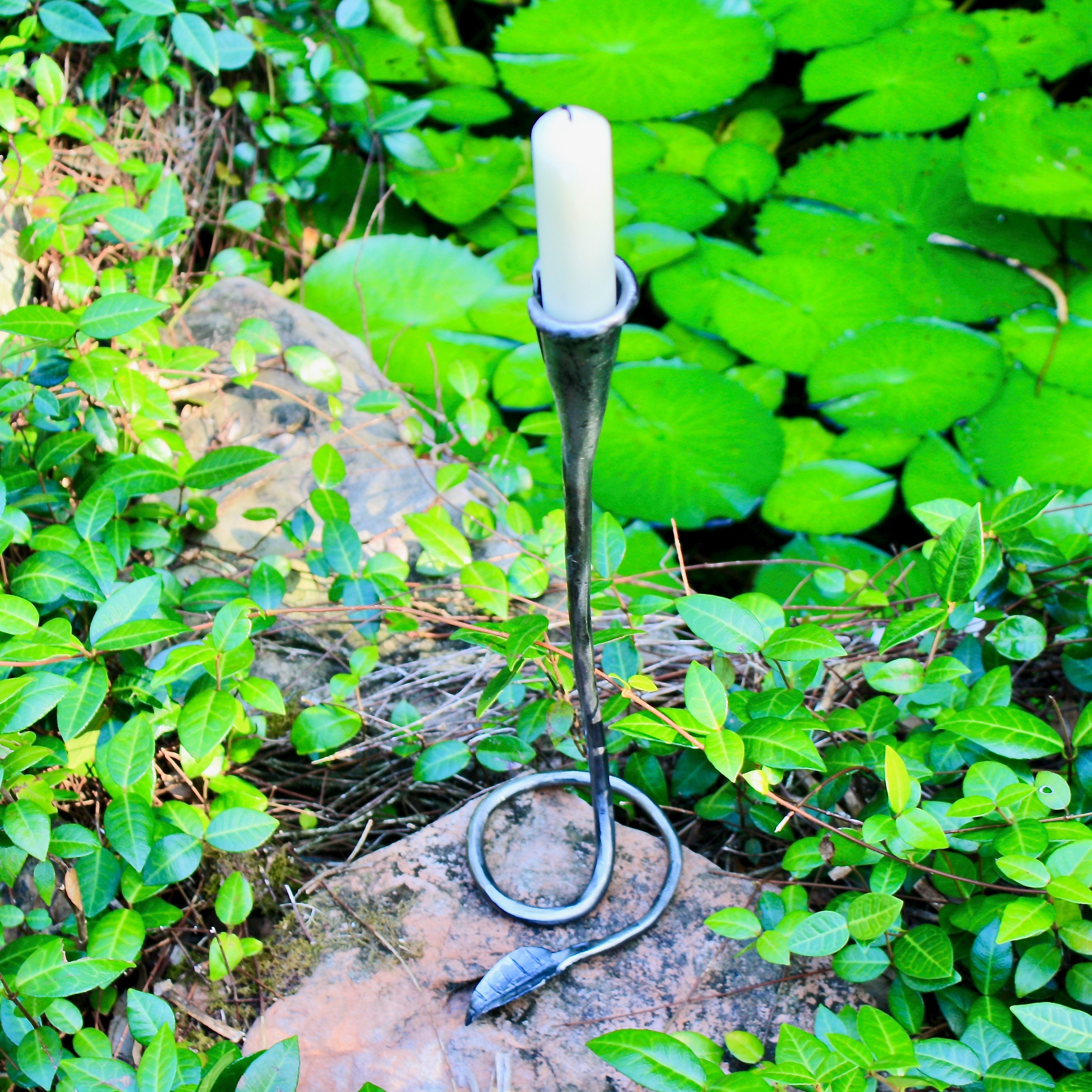 Hand forged viking candlestick with leaf accent | Etsy