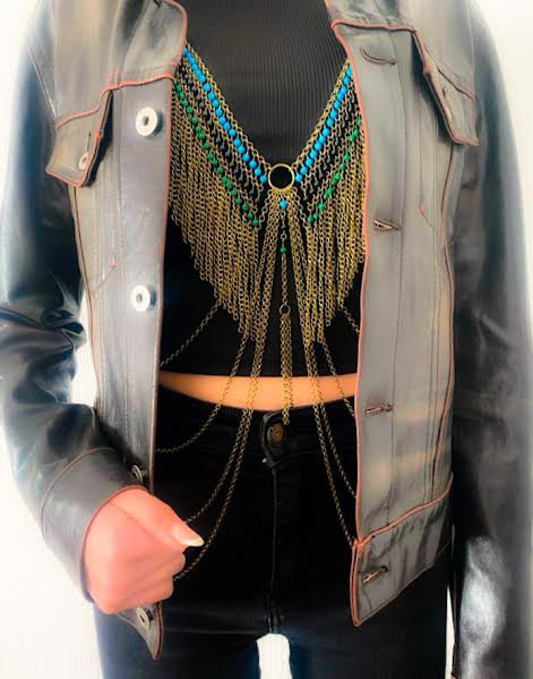 Bronze Full Body Chain, Metallic Dress With Stones, Fringe Harness ...