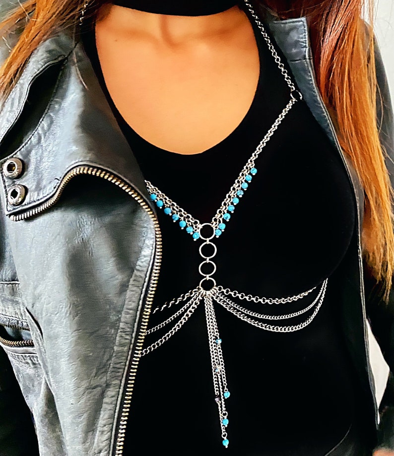 Sleek Silver Chest Body Chain With Blue Stones · Festival Bralette ...
