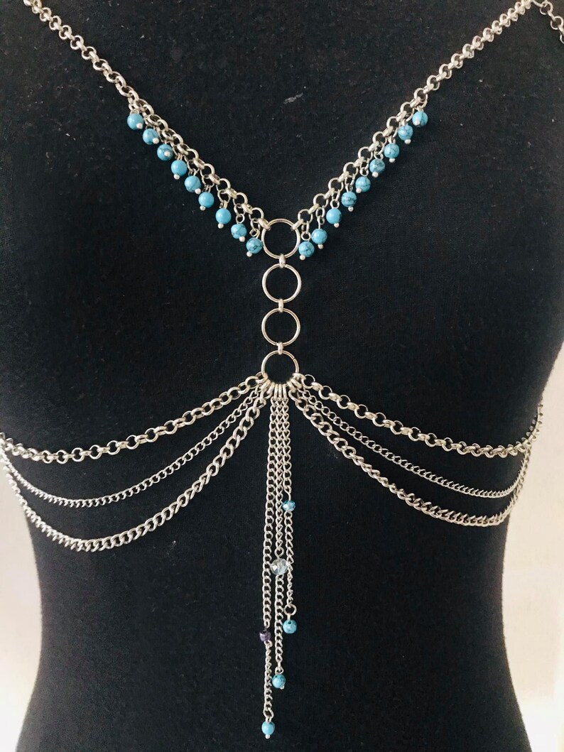 Sleek Silver Chest Body Chain With Blue Stones · Festival Bralette ...