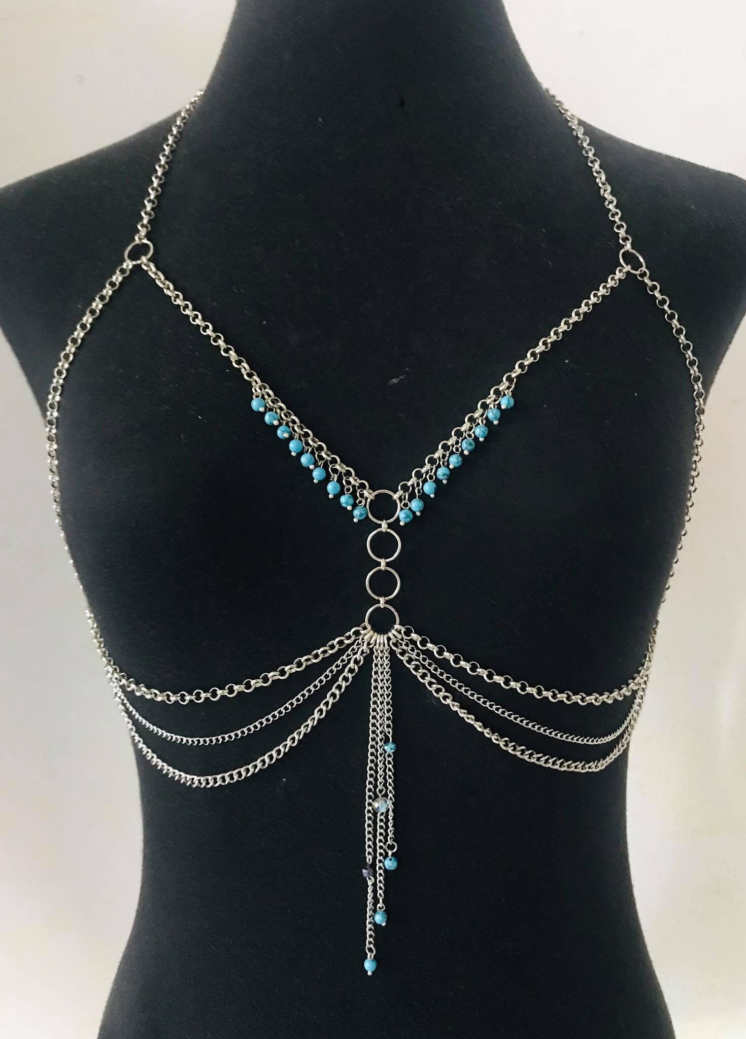 Sleek Silver Chest Body Chain With Blue Stones · Festival Bralette ...