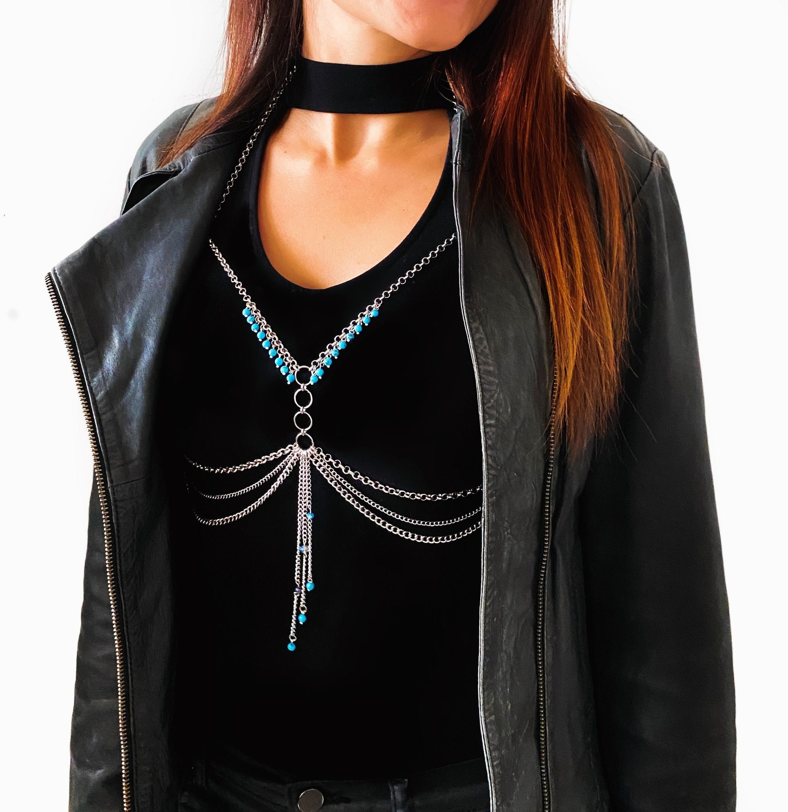 Sleek Silver Chest Body Chain With Blue Stones · Festival Bralette ...
