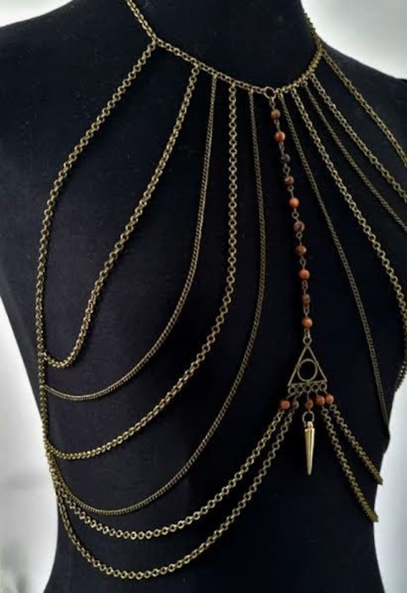 Bronze Layered Body Chain – Unisex Harness Top With Brown Stones - Etsy