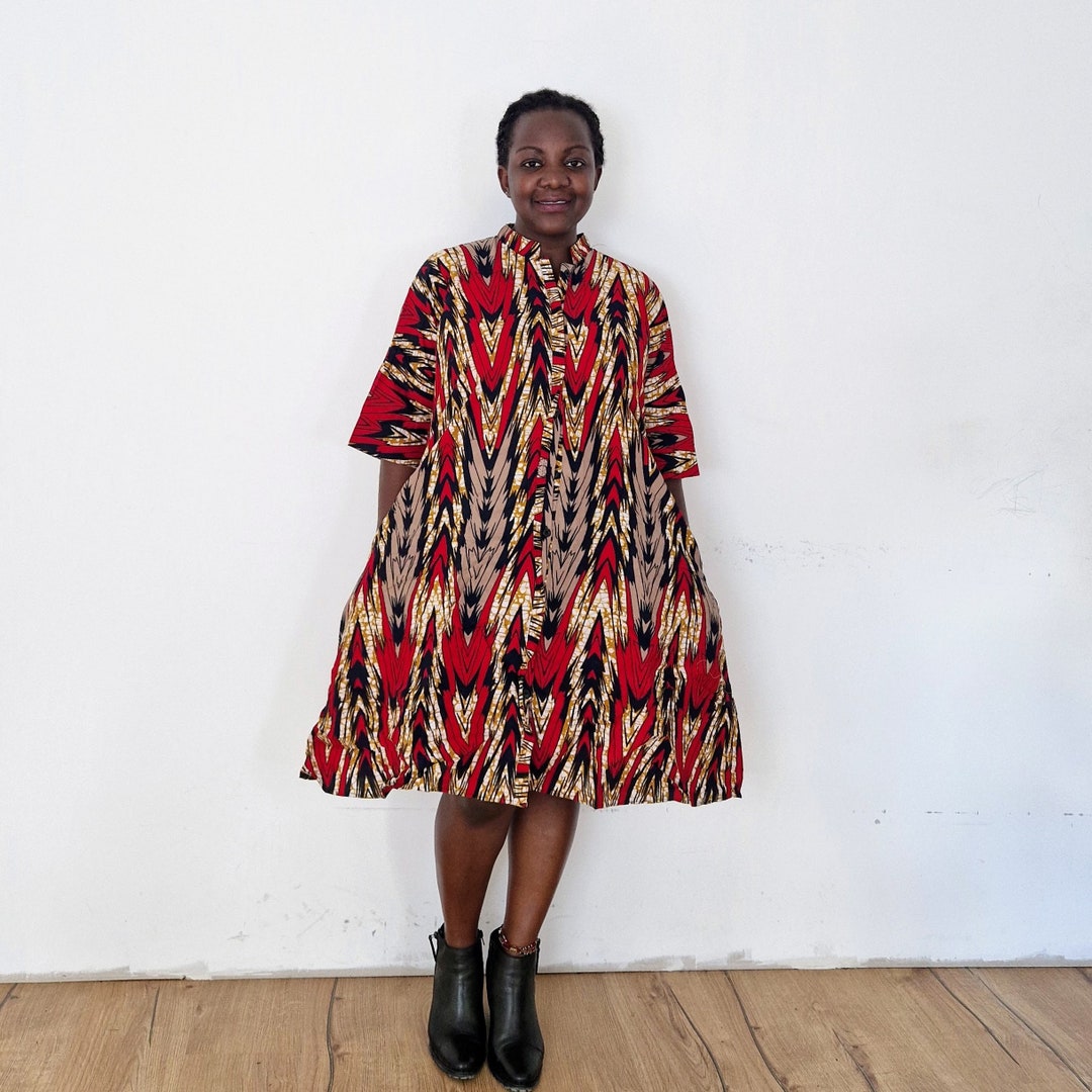 Red Dress, Africa Dress, African Print Dress With Pockets, Dress With ...