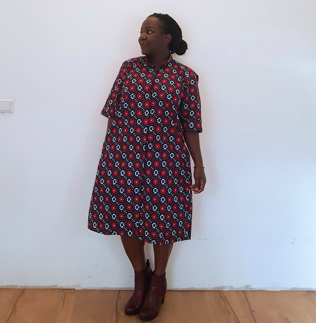 Plus Size African Print Shirt Dress, Red Cotton Kitenge Dress With ...