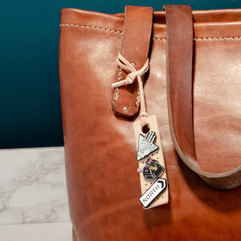 Small Enamel Pin Display Tag for Handbags. Upcycled Leather, Pin Badge ...