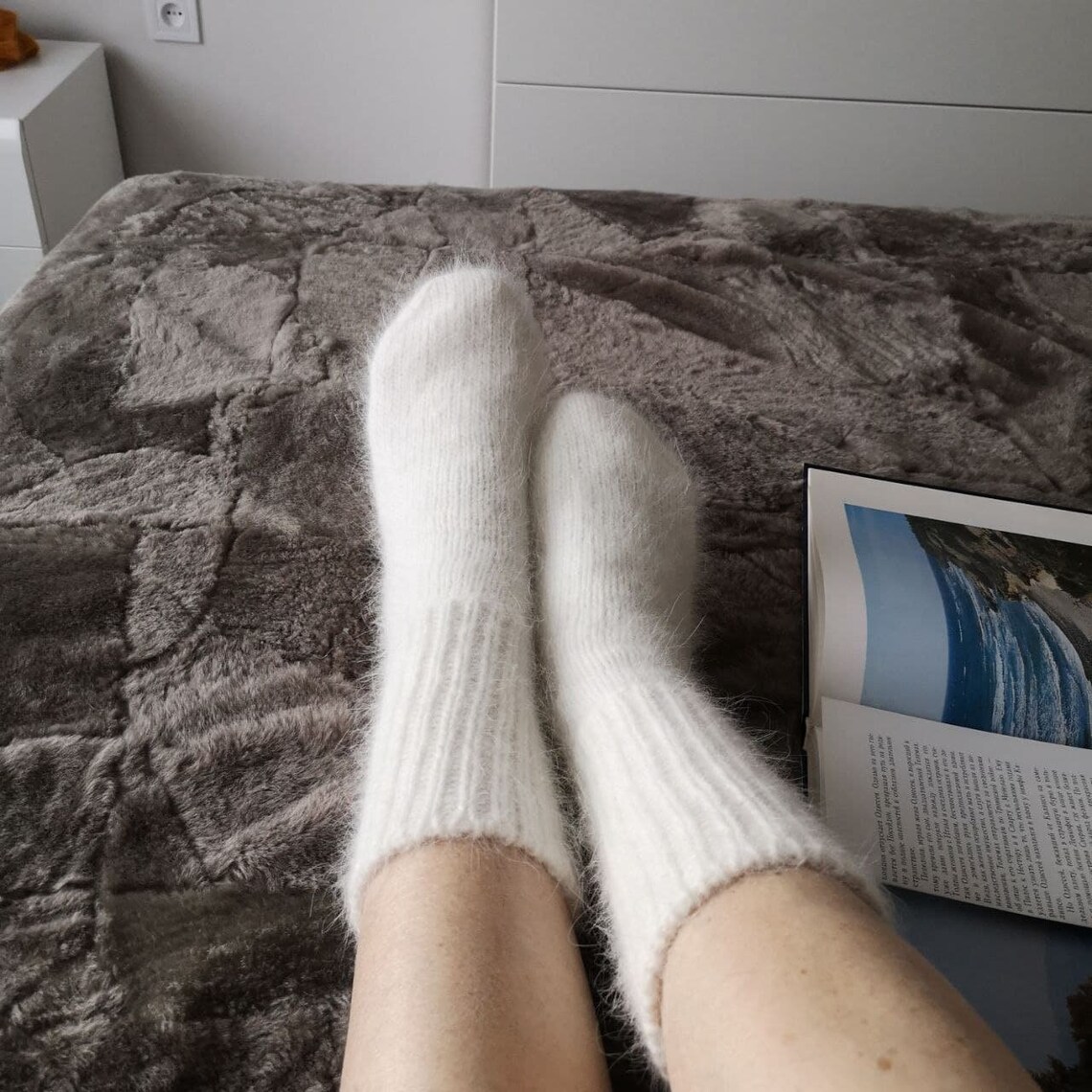 White Knit Socks Angora Wool Socks Slip Socks Handmade Socks Rabbit ...