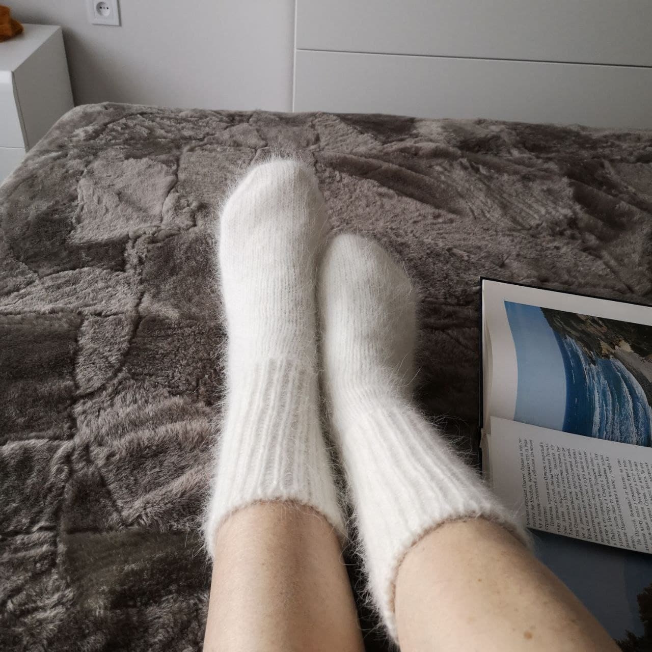 White Knit Socks Angora Wool Socks Slip Socks Handmade Socks Rabbit ...