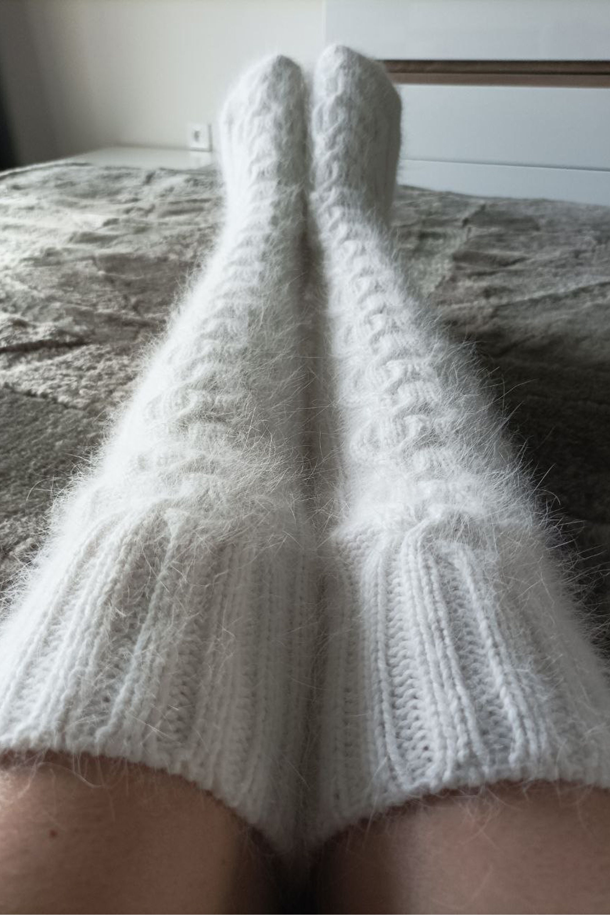 Thigh High Angora Handmade Socks, Home White Soft Sock, Rabbit Socks ...