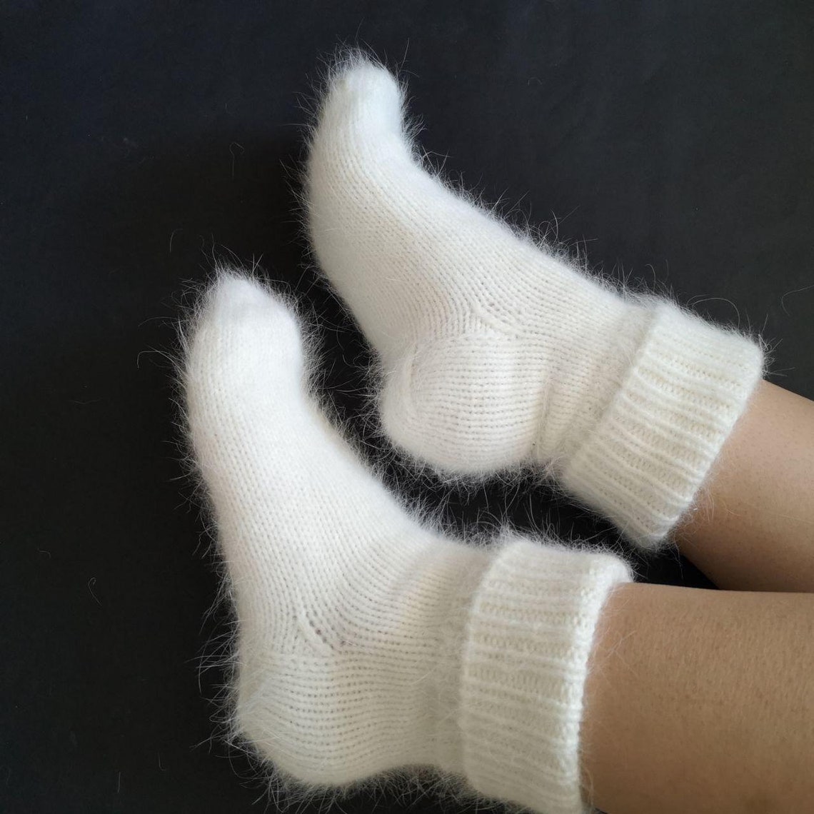 White Knit Socks Angora Wool Socks Slip Socks Handmade Socks Rabbit ...