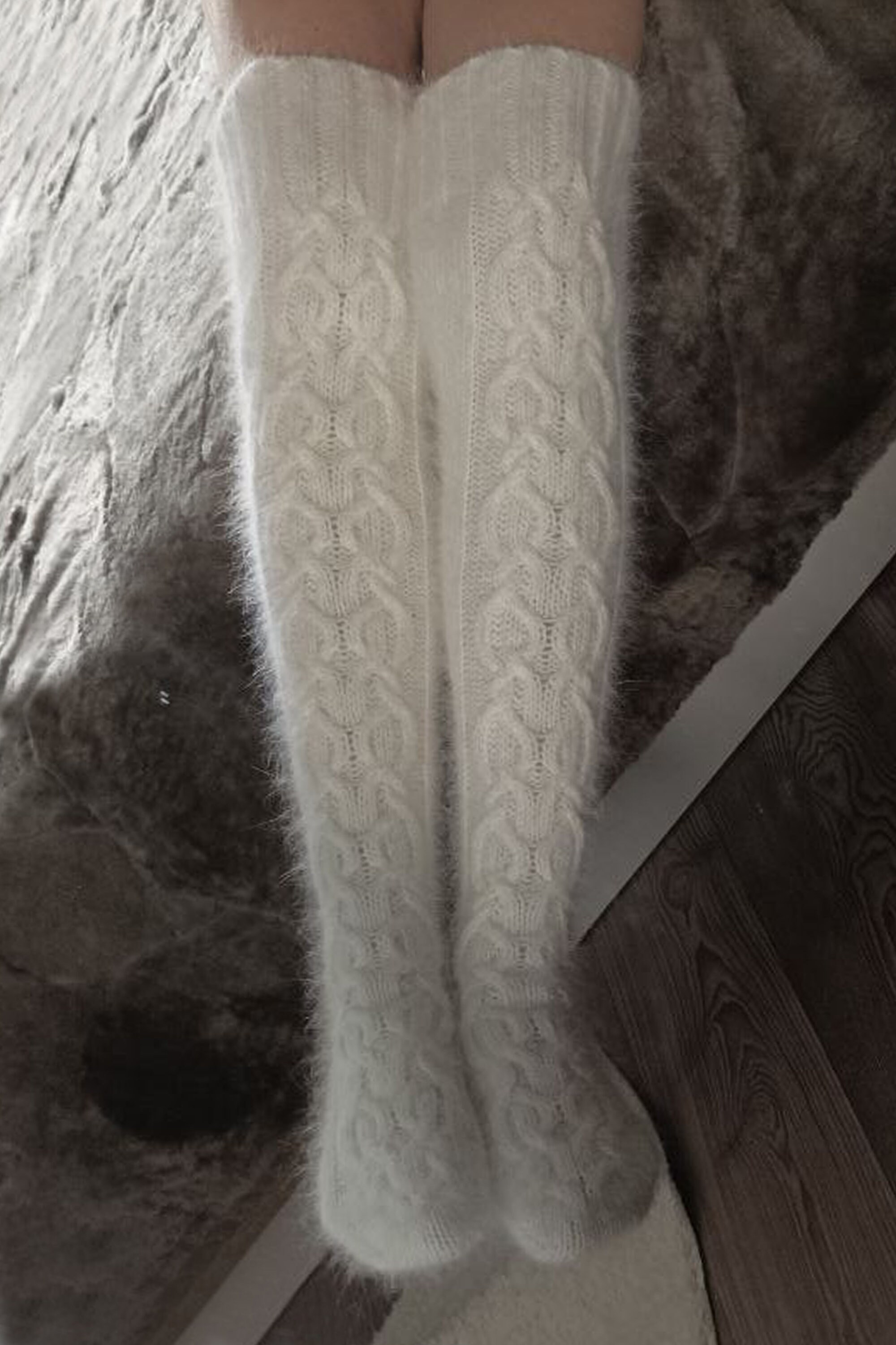 Thigh High Angora Handmade Socks, Home White Soft Sock, Rabbit Socks ...