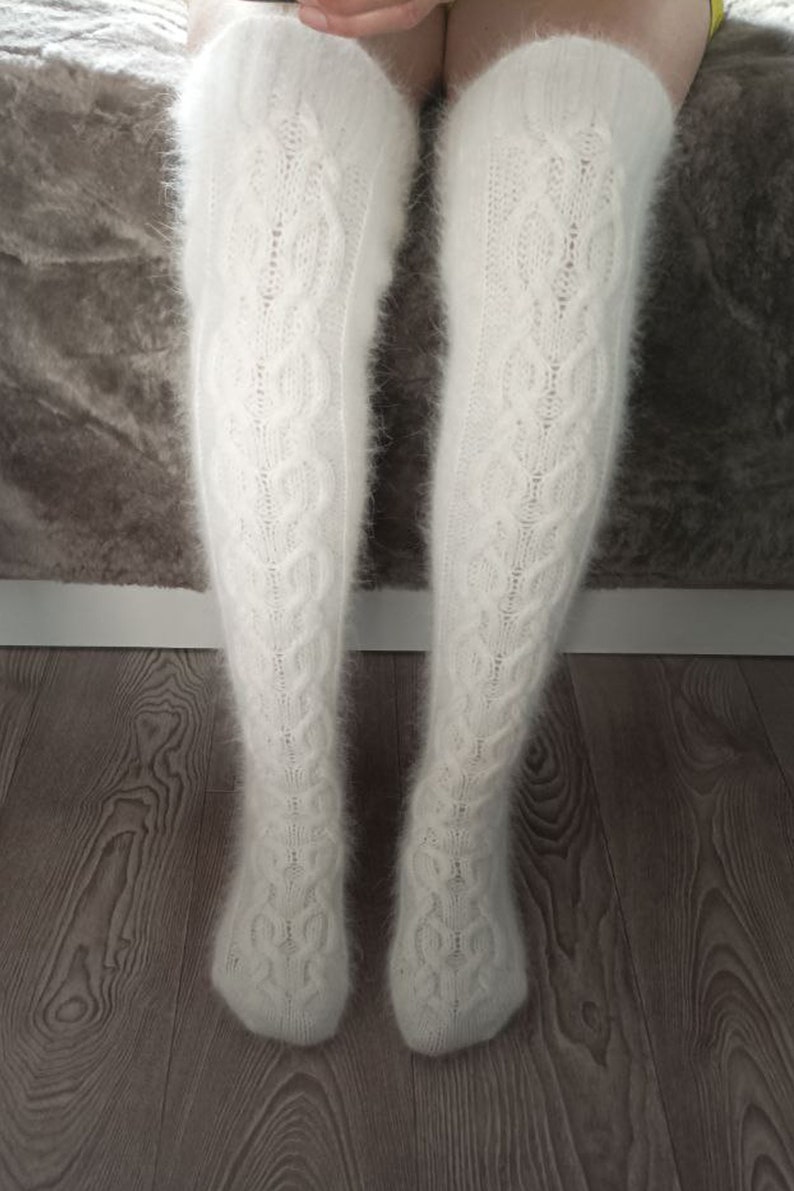 Thigh High Angora Handmade Socks, Home White Soft Sock, Rabbit Socks ...