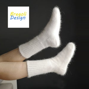 White Knit Socks Angora Wool Socks Slip Socks Handmade Socks Rabbit ...