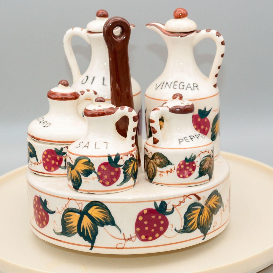 Vintage Ceramic Condiment Set With Stand With Strawberry Leaf Design - Etsy