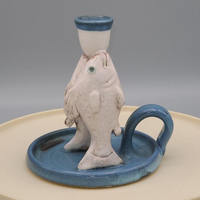 Vintage Handmade Pottery Fish Candlestick With Handle - Etsy