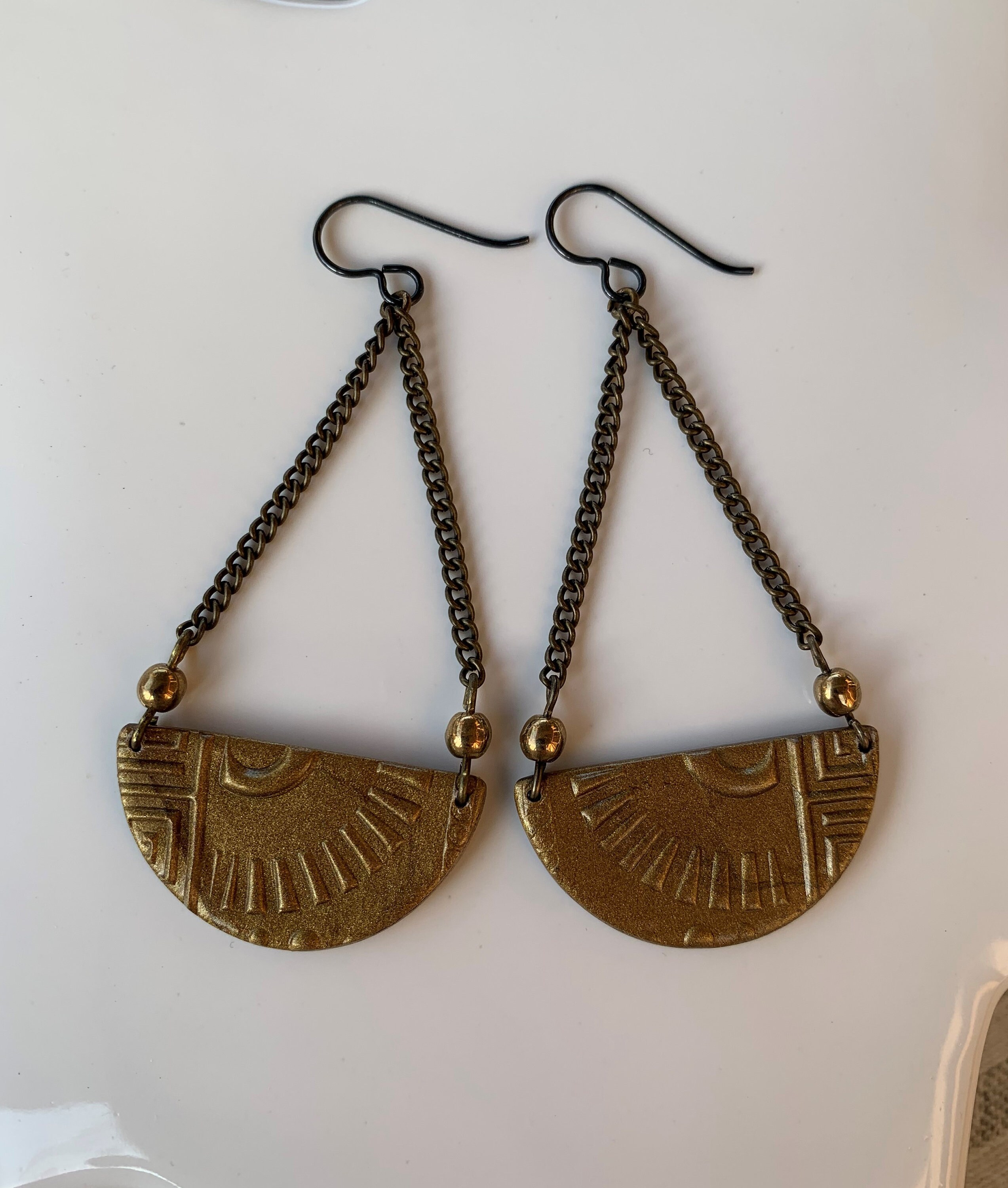 Inca Semi-circle Earrings Bronze Pearls and Chain Fimo Jewelry Polymer ...