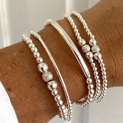 Sterling Silver Stretch Bracelet. Stacking Bracelets. Beaded - Etsy