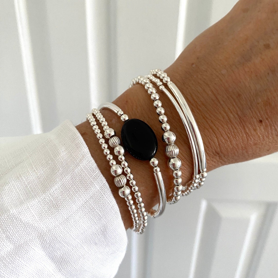 Sterling Silver Bracelet Set Black Onyx Silver Jewelry Stack Gift for ...
