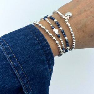 Sterling Silver Blue Crystal Bracelet Set Heart Charm Beaded Stretchy ...