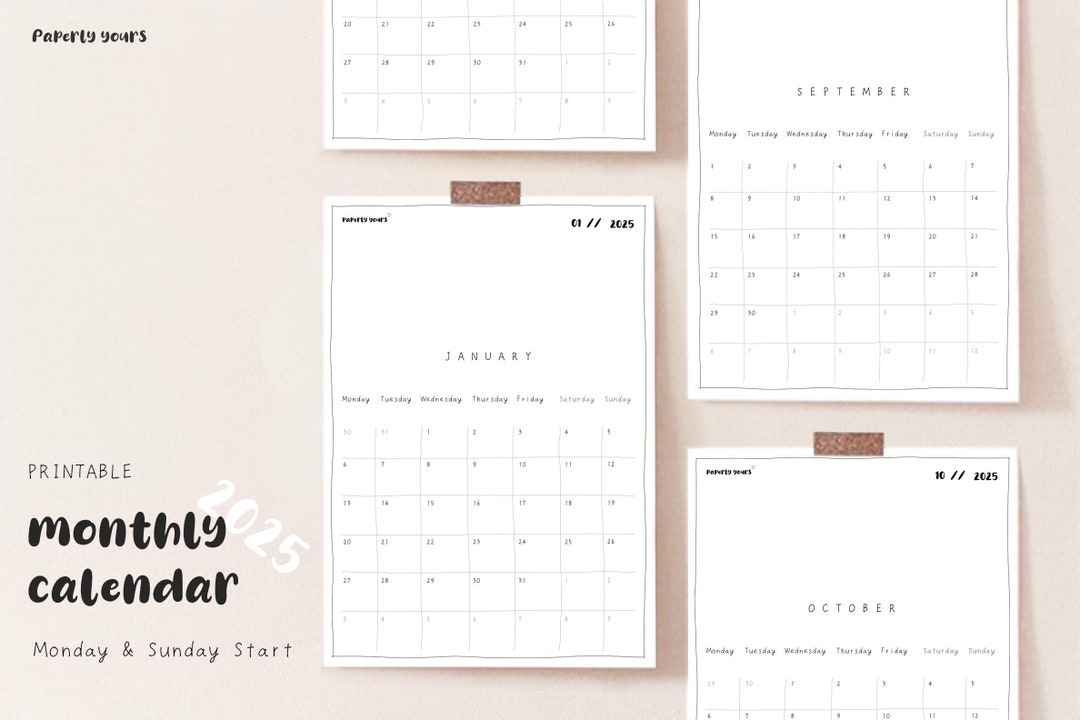 Printable Monthly Calendar 2025, Minimalist Planner Portrait | A4, A3 ...