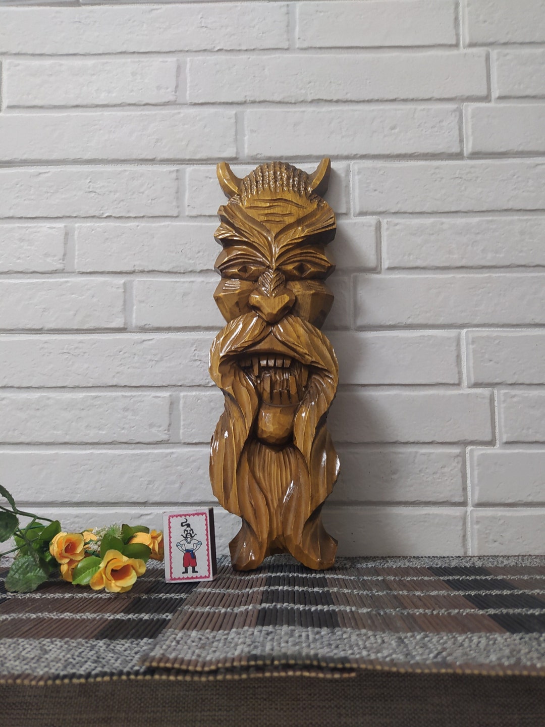 Vtg Carved Wood Demon Wall Mask/hand Carved Oni Mask/rustic Wood Wall ...
