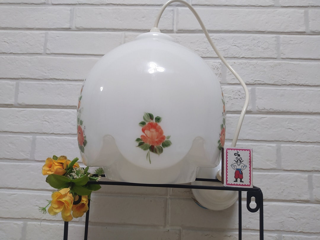 Vtg Floral Milk Glass Globe Pendant Light/rose Flower Pattern Ceiling ...