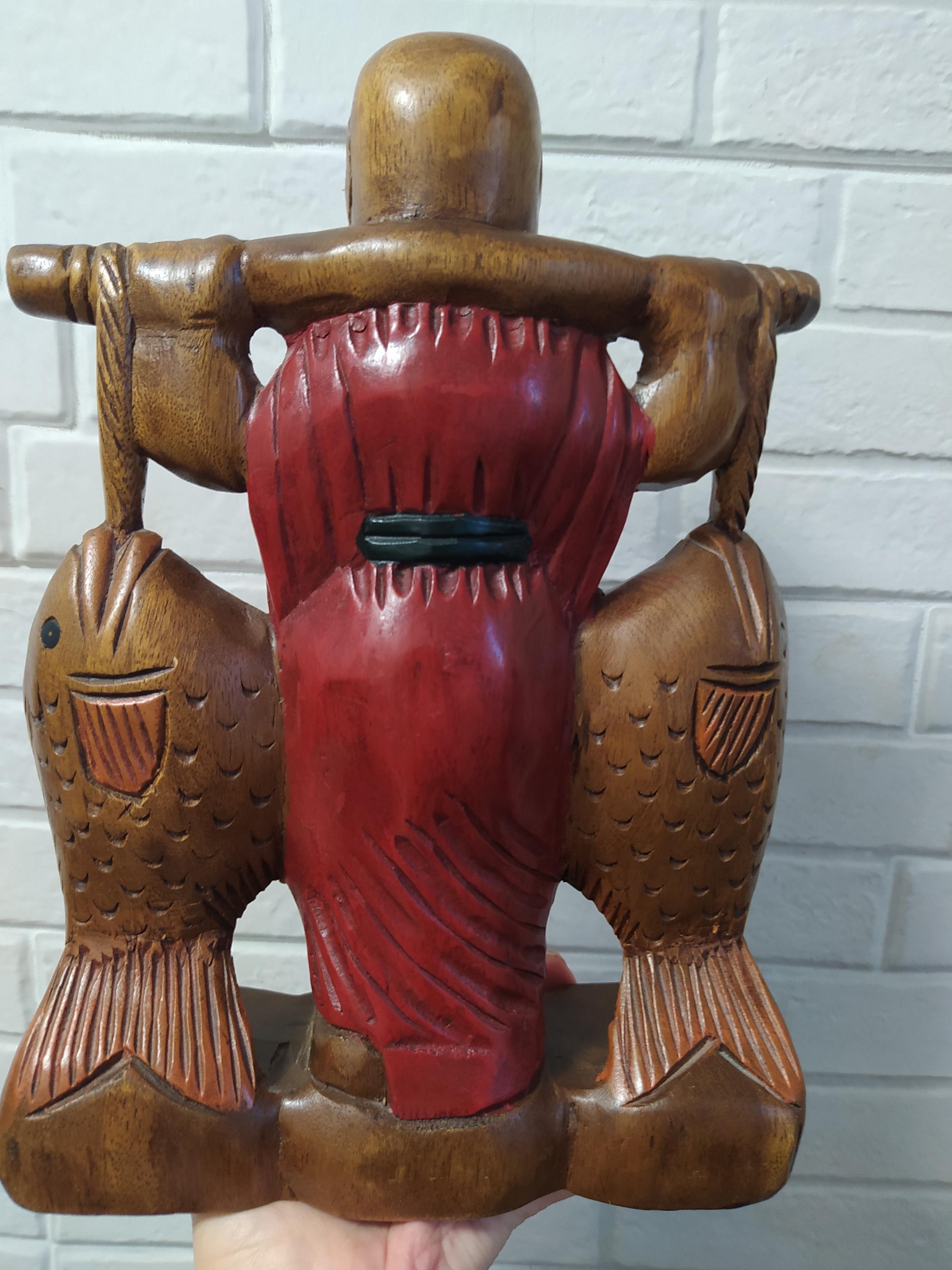 Large Chinese Man Carrying Two Fish Figurine/asian Folk Art Hand-carved ...