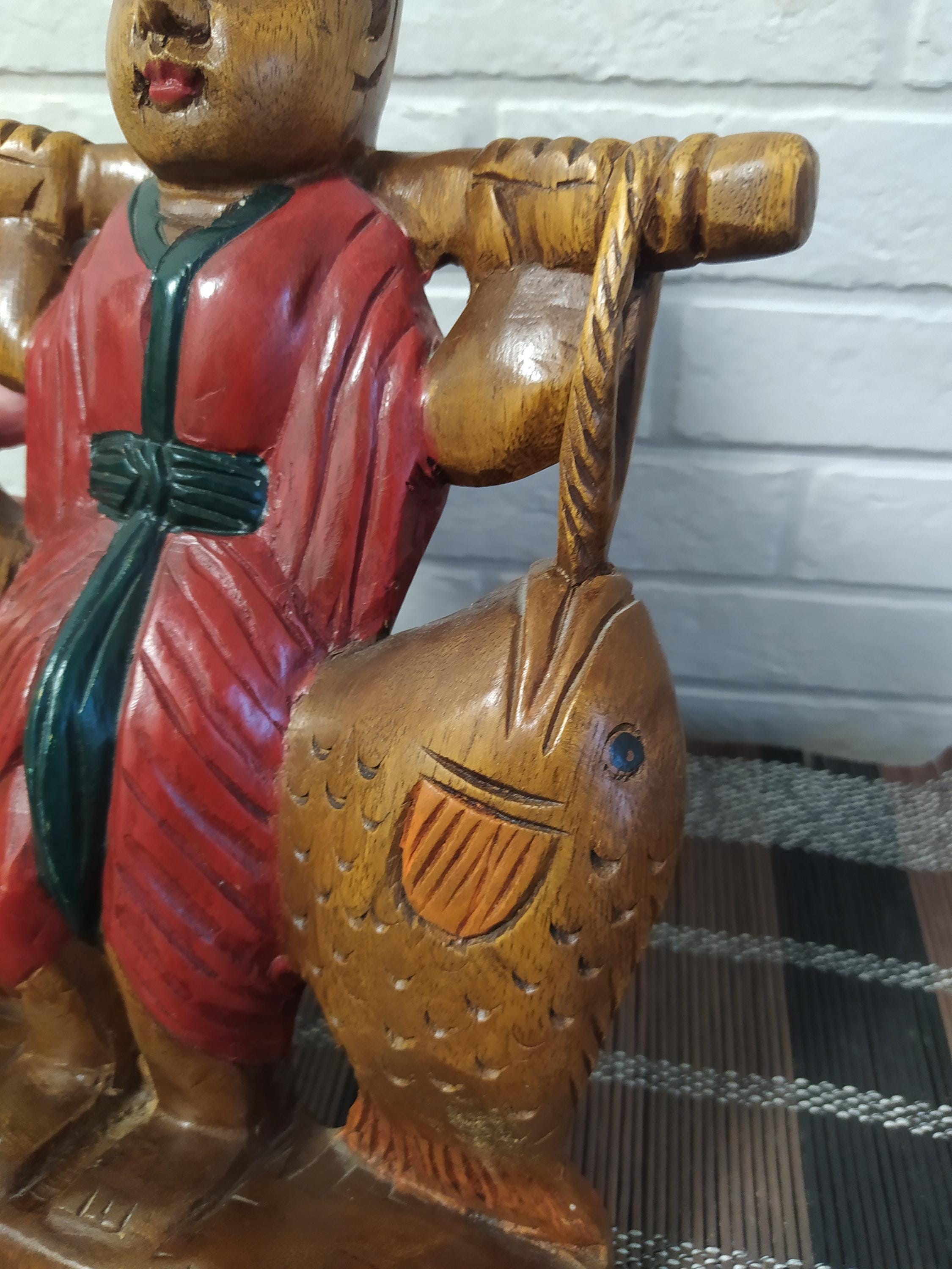 Large Chinese Man Carrying Two Fish Figurine/asian Folk Art Hand-carved ...