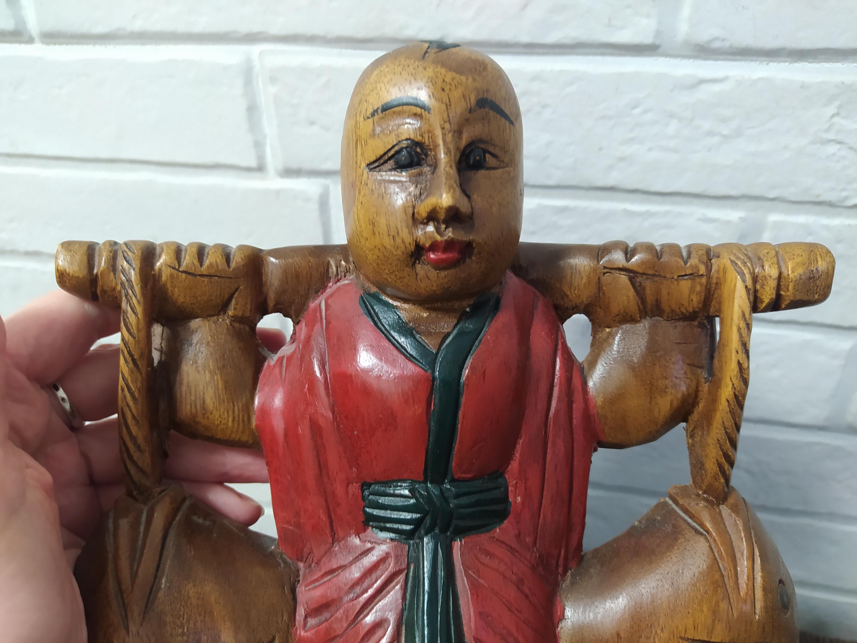 Large Chinese Man Carrying Two Fish Figurine/asian Folk Art Hand-carved ...