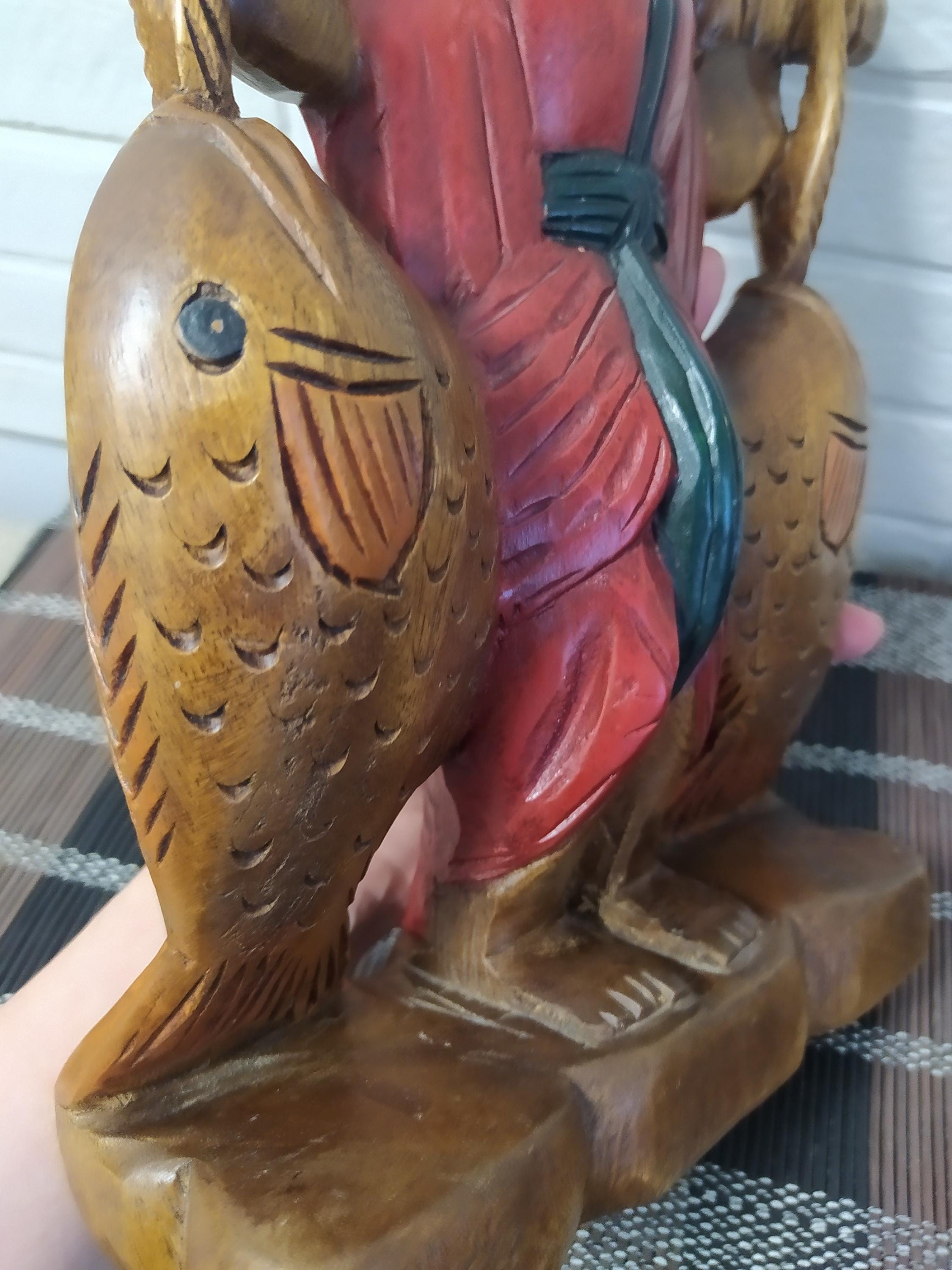 Large Chinese Man Carrying Two Fish Figurine/asian Folk Art Hand-carved ...