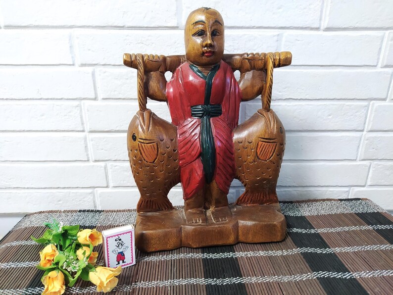 Large Chinese Man Carrying Two Fish Figurine/asian Folk Art Hand-carved ...