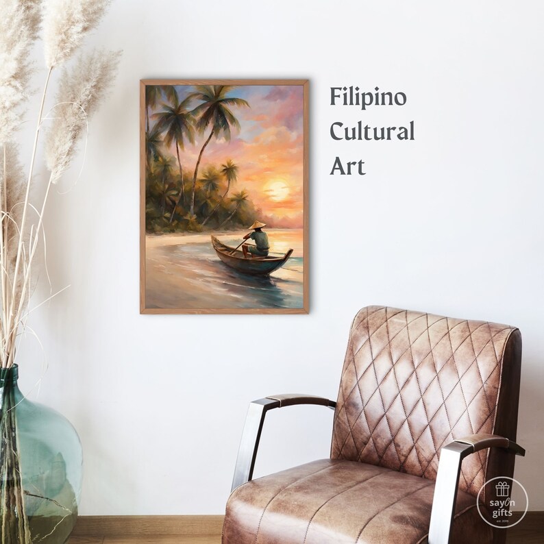 Philippines Sunset Art Poster Filipino Beach and Fisherman Wall Decor ...