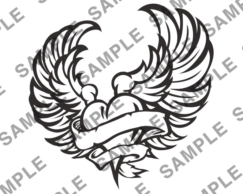 Heart With Banner And Wings Drawing