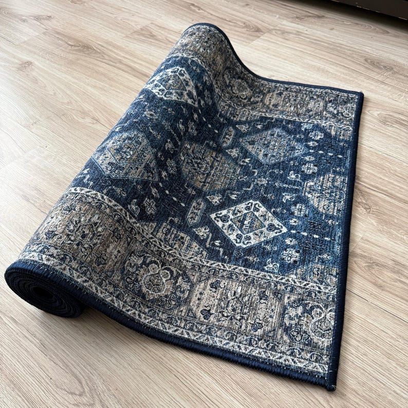 Vintage Distressed Blue & Black Runner Rug: Persian Mahal Design - Etsy