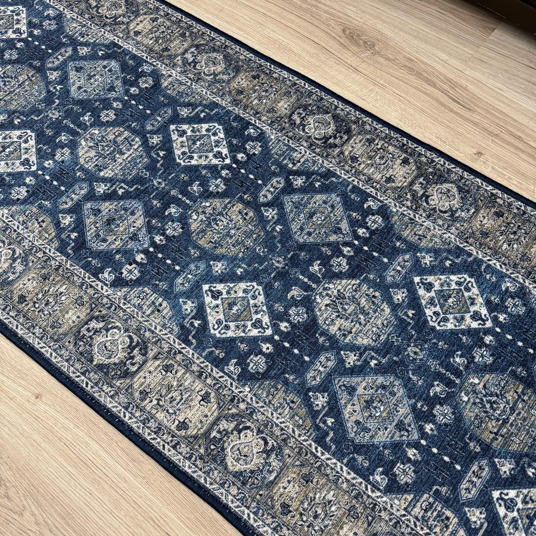 Vintage Distressed Blue & Black Runner Rug: Persian Mahal Design - Etsy