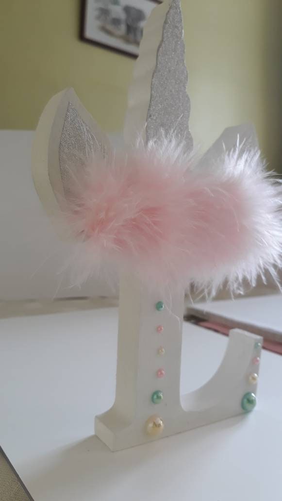 White Free Standing Unicorn Letter L. Pink Fluff and Multi Coloured ...