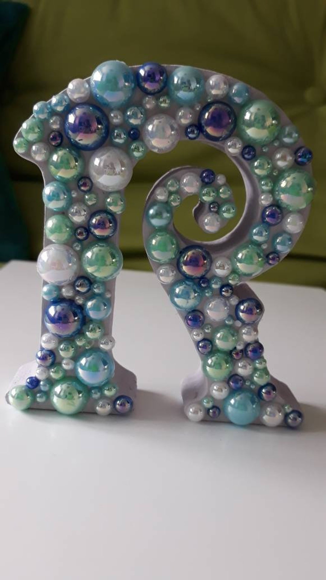 Free Standing Wooden Letter R Decorated With Blue and Green Flat Beads ...