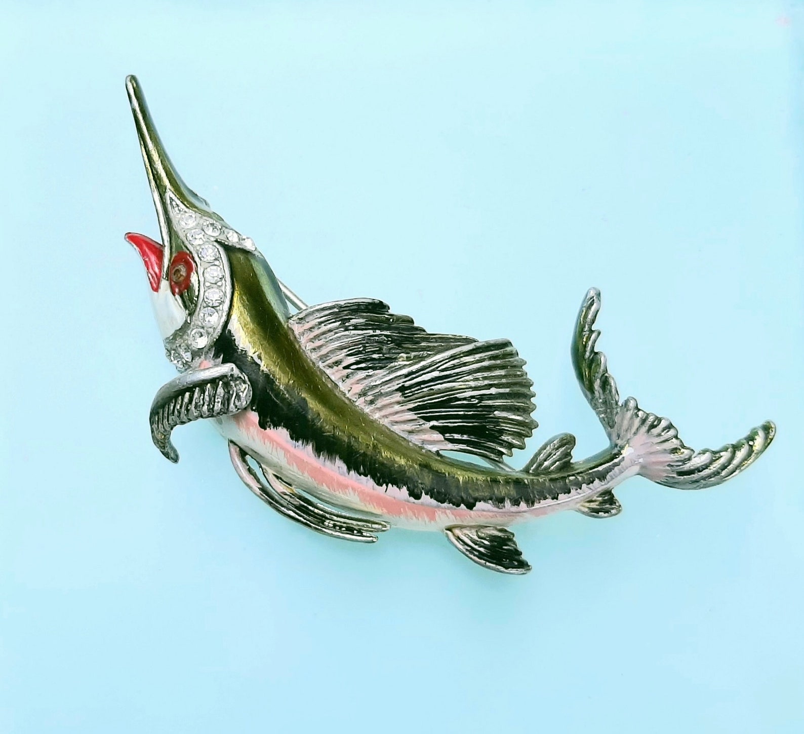 Rare 1930s Swordfish Dangle Moving Fin Iridescent Metallic Enamel ...