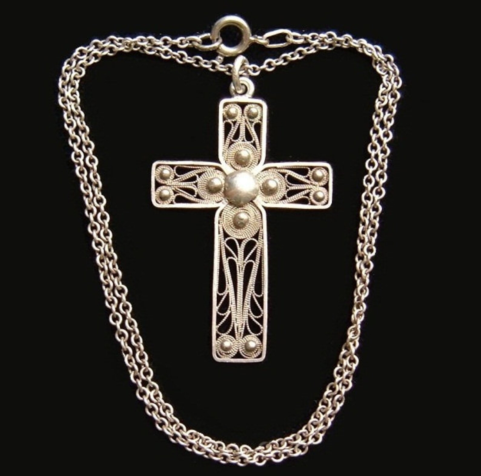 1890 Antique Silver Filigree Victorian Cross Pendant Chain Necklace ...
