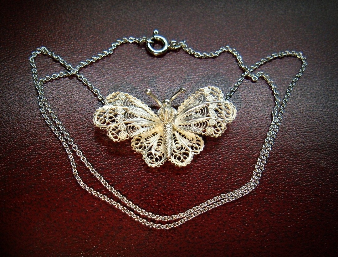 Solid Silver Filigree Moth Butterfly Pendant Necklace Circa 1930s , 925 ...