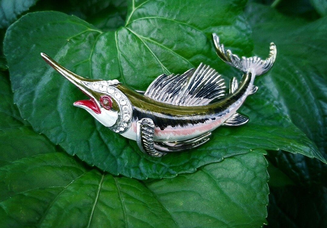 Rare 1930s Swordfish Dangle Moving Fin Iridescent Metallic Enamel ...